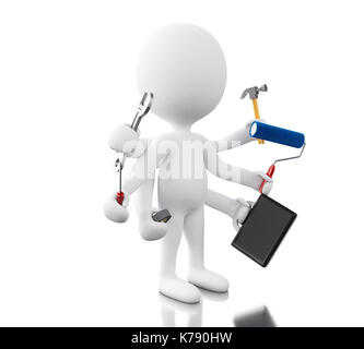 3d white people. Multitasking handyman with screwdriver tool box tape ...