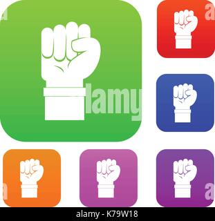 Isolated blue color fist logo. Human hand angry gesture. Protest symbol ...