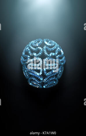 A stylized brain textured with binary computer data code depicting ...