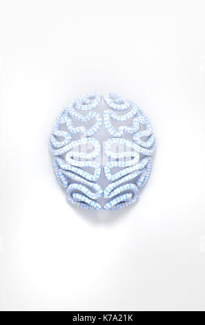 A stylized brain textured with binary computer data code depicting ...