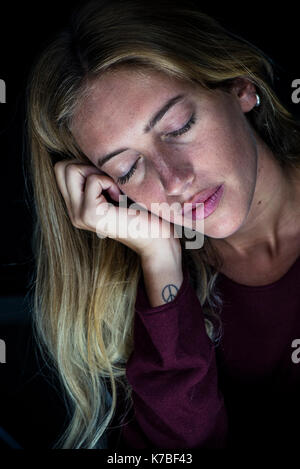 Close up view of the head of a dozing adult male Mara lion (Panthera ...
