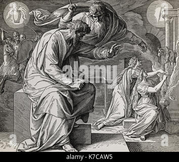 God calls the prophet Jeremiah, graphic collage from engraving of ...