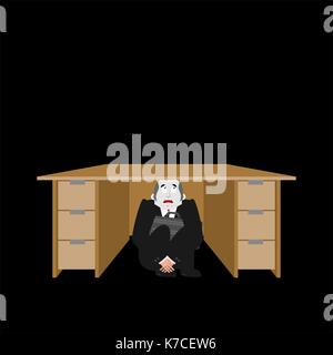 Businessman scared under table. frightened business man under work ...