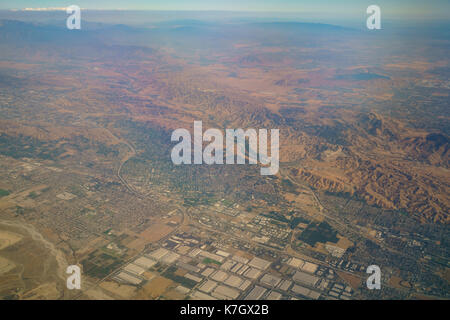 Aerial view of Redlands, view from window seat in an airplane at ...
