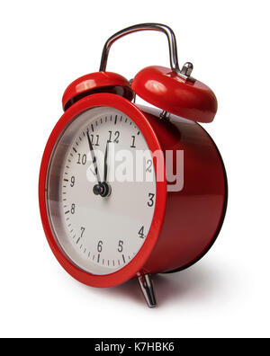 Red small alarm clock on pastel pink background with copy space, flat ...