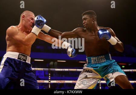 Lerrone Richards in action with Ferenc Albert at the Copper Box Arena ...