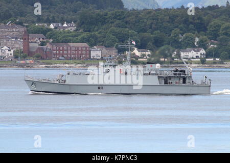 HMS Blyth (M111), a Sandown-class minehunter of the Royal Navy, departs ...