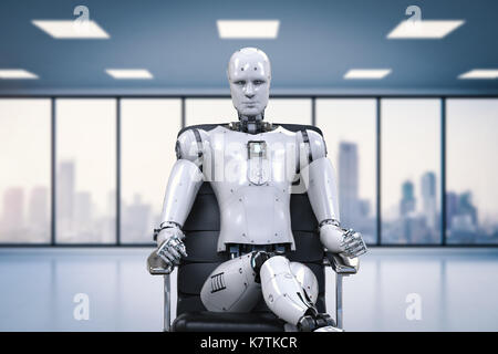 3d rendering humanoid robot sit on office chair Stock Photo - Alamy