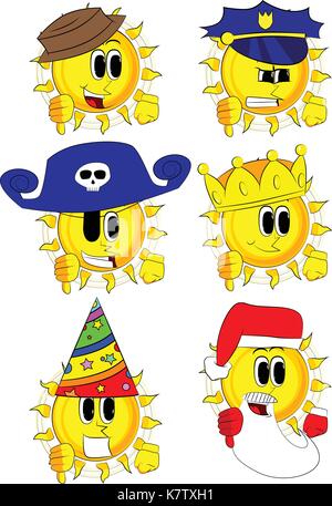 Cartoon sun showing dislike hand sign. Collection with various facial ...