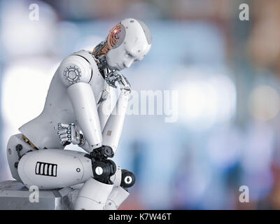3d rendering android robot sit down and thinking Stock Photo - Alamy
