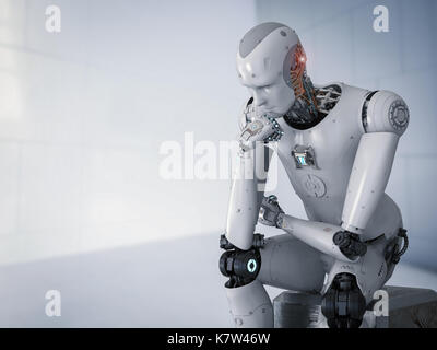 3d rendering android robot sit down and thinking Stock Photo - Alamy