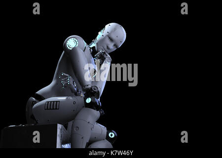 3d rendering android robot sit down and thinking Stock Photo - Alamy