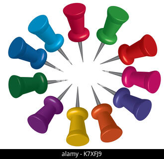 Different color push pins on blue background. Stationery tools. Office ...