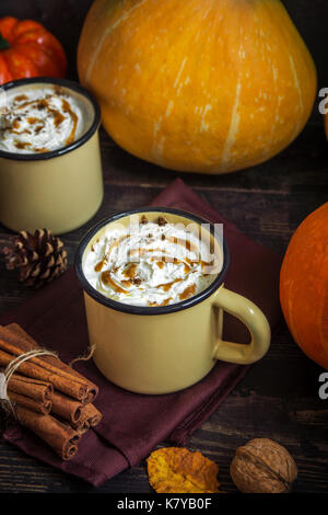 Hot Chocolate with Pumpkin Pie Spices over dark wooden background with ...