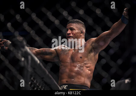 Gilbert Burns celebrates after defeating Stephen Thompson in a UFC 264 ...
