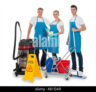 Group Of Happy Janitors Standing Over White Background Stock Photo - Alamy