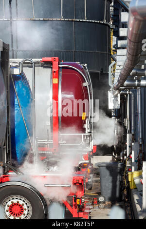 Dairy factory industry, milk tanker truck pumps products into steel ...