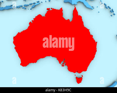 Australia in red on blue political map with transparent oceans. 3D ...