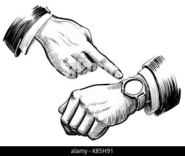 Hand pointing on watch. Ink drawing Stock Photo - Alamy