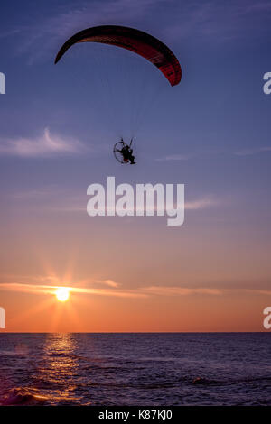 Paraglider flying with a paramotor during beautiful sunset Stock Photo ...