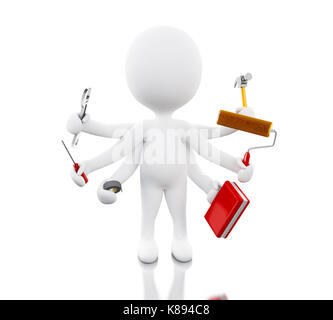 3d white people. Multitasking handyman with screwdriver tool box tape ...