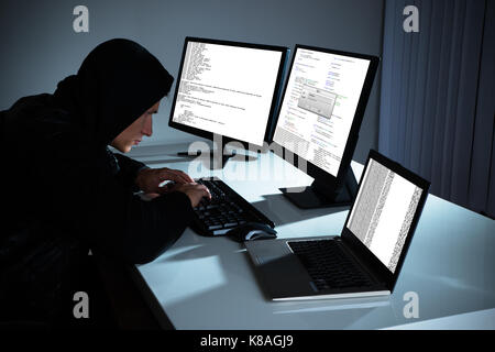 Male Hacker Using Computers Stock Photo - Alamy