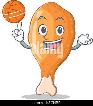Cartoon chicken leg character playing basketball sport game. Happy fast ...