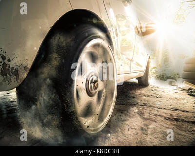 Burn out car tyre marks on road from spiinning car wheels, Murchison ...