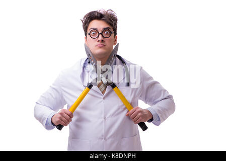 Funny doctor with shears isolated on white Stock Photo - Alamy