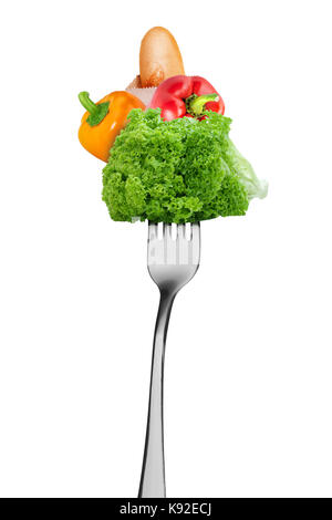 tomato,peas and lettuce with a fork on a plate isolated on white Stock ...