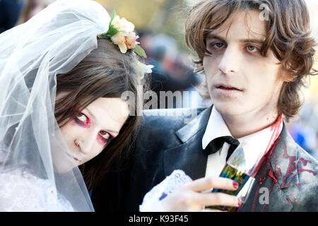 People dressed and made up as zombies in the woods in a 'The Walking ...