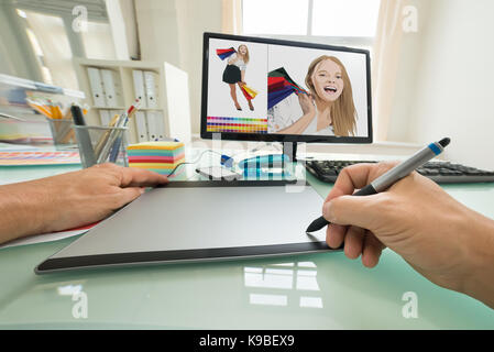 First person hand using tablet and checking financial report on cloud ...
