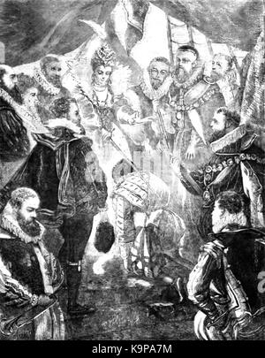 Illustration; Queen Elizabeth I knighting Francis Drake1585 Stock Photo ...