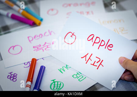 Korean; Learning New Language with Fruits Name Flash Cards Stock Photo ...