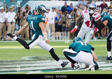 Philadelphia Eagles kicker Jake Elliott (4) runs off the field after ...