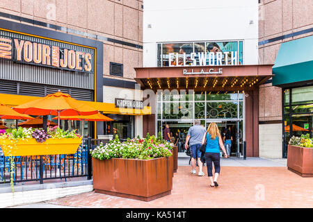 SILVER SPRING, MARYLAND, USA - People on pedestrain mall and stores ...