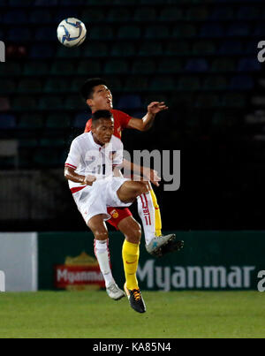 Yangon, Myanmar. 25th Sep, 2017. Goalkeeper Enrico Mangaoang (front) of ...