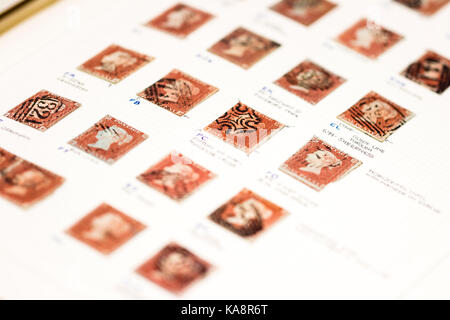 England. Victoria Penny red stamps with annotations mounted on stamp ...
