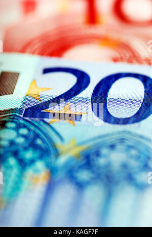 Detail on 20 euro banknote. Close up of banknote laid out on table ...