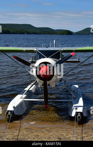 A single engine float plane tied to the dock on Long Lake New York ...