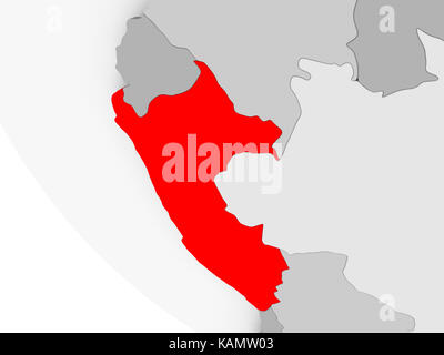 Peru in red on simple grey political globe with visible country borders ...