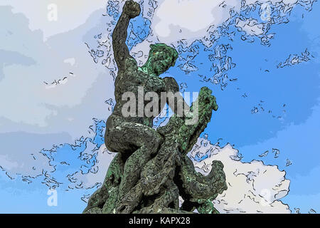 Bronze statue of a man killing a dragon at night, part of the ...