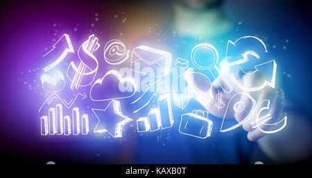 Hand touching hand drawn icons Stock Photo - Alamy