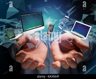 View of a Computer and devices displayed on a futuristic interface with ...