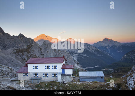 hut Refugio ground Savio in the Cadini group, Sexten Dolomites, South ...