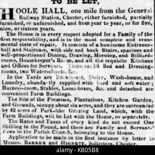 To let notice of Hoole Hall in 1852 Stock Photo - Alamy