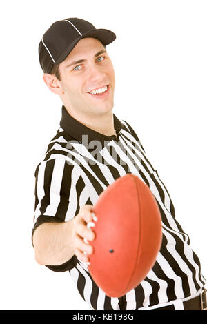Football referee holding a ball and smiling at camera isolated on white ...