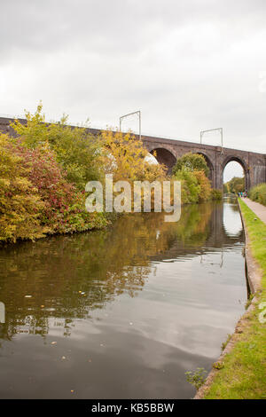 Old railroad bridge made of bricks with a portal, running water from ...