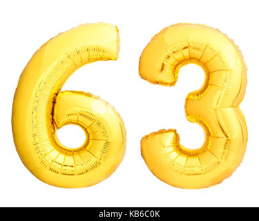 Number 63 sixty three made of golden inflatable balloons isolated on ...