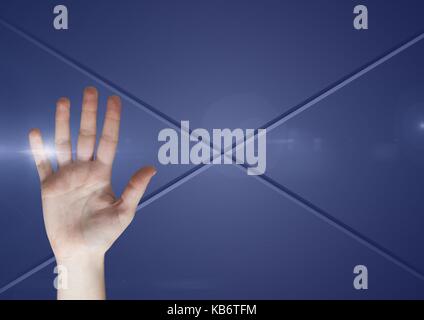 Hand pointing to a glowing upward arrow and stock market chart overlay ...